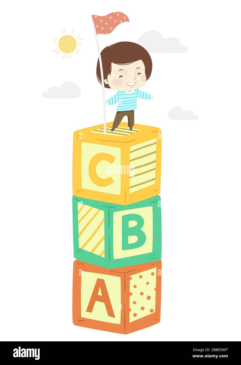 Illustration of a Kid Boy Standing on Top of a Stack of ABC Toy Blocks ...