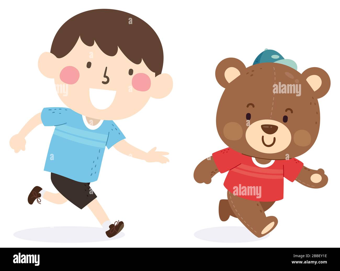 Illustration of a Kid Boy Running with His Imaginary Friend, a Teddy ...
