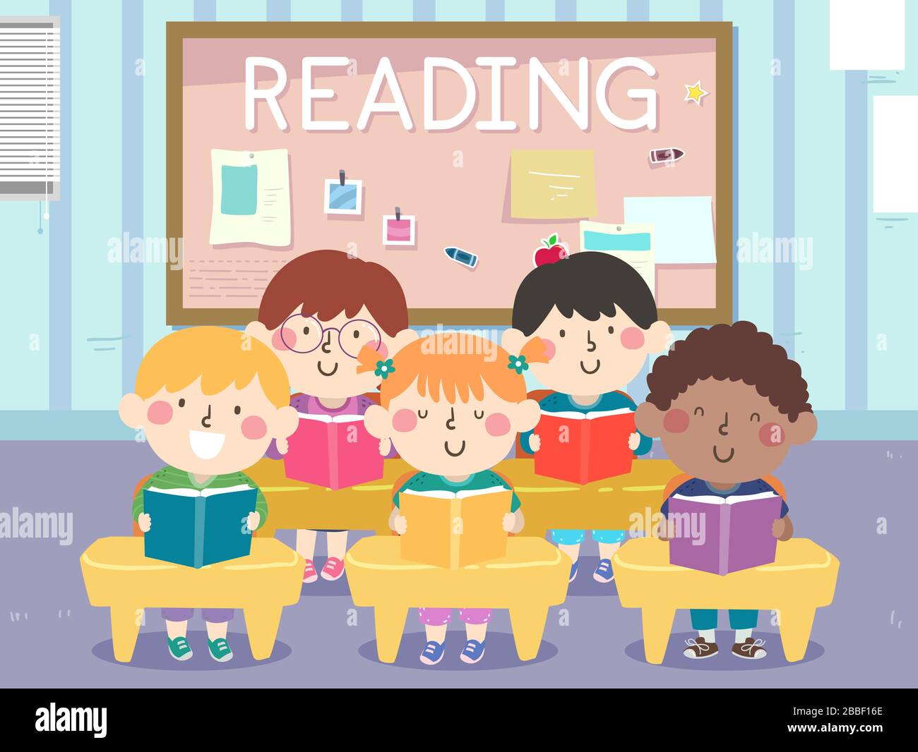 Illustration of Kids Reading and Sitting Down in Class with Bulletin ...