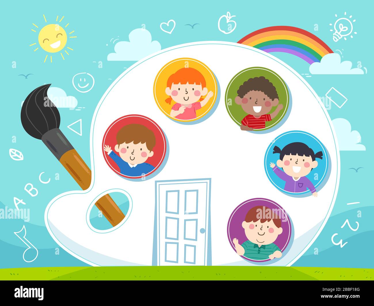 Illustration of Kids Waving From Inside a Palette Shaped Building with ...