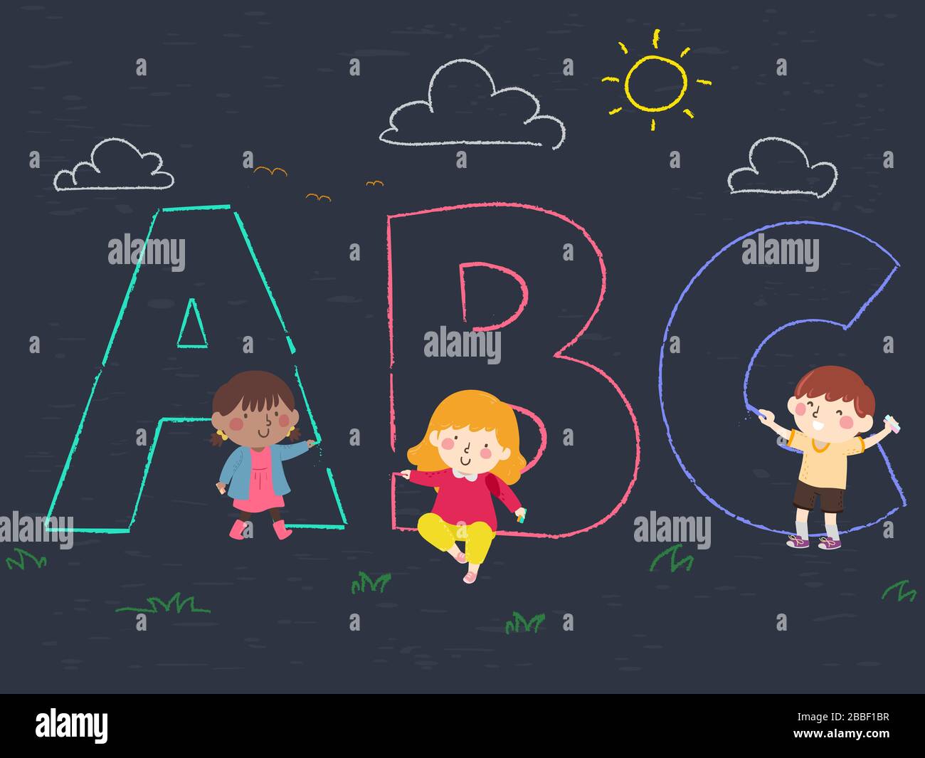 Illustration of Kids Holding Chalks and Drawing Big ABC Letters and ...