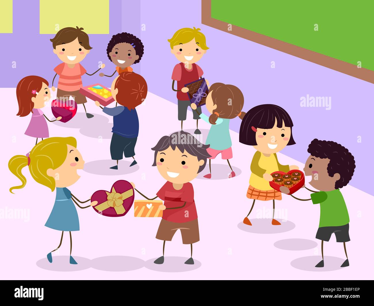 Illustration of Stickman Kids Students Exchanging Chocolates in Class ...