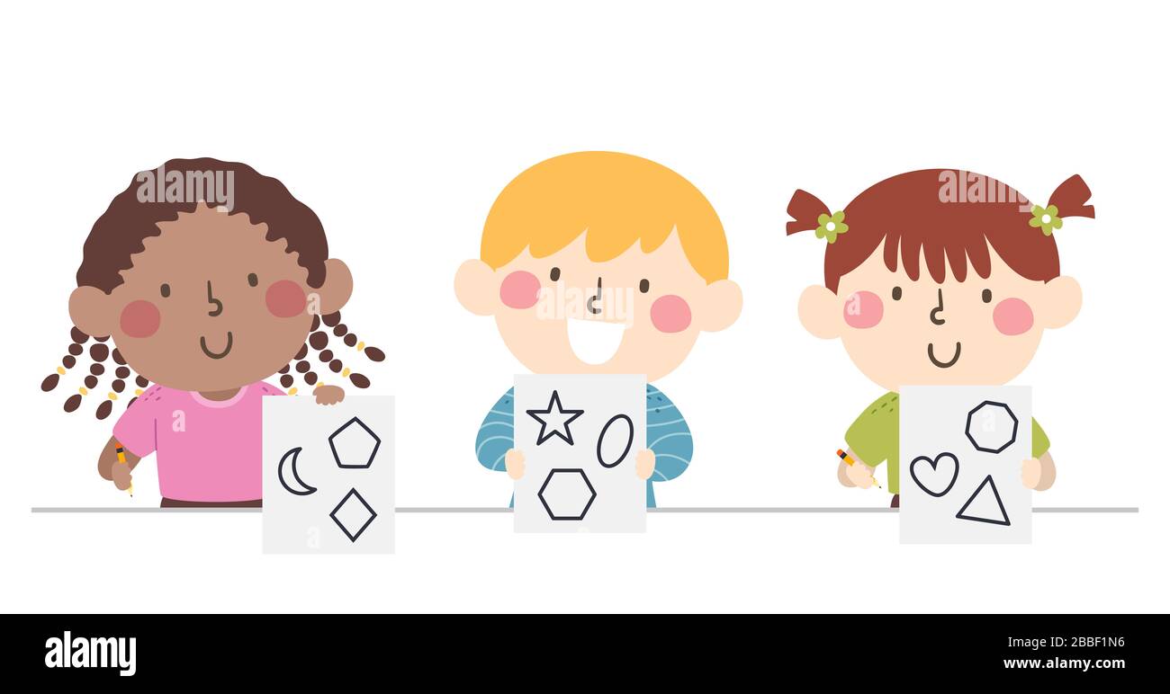 Illustration of Kids in a Row Showing Papers with Complex Shapes like ...