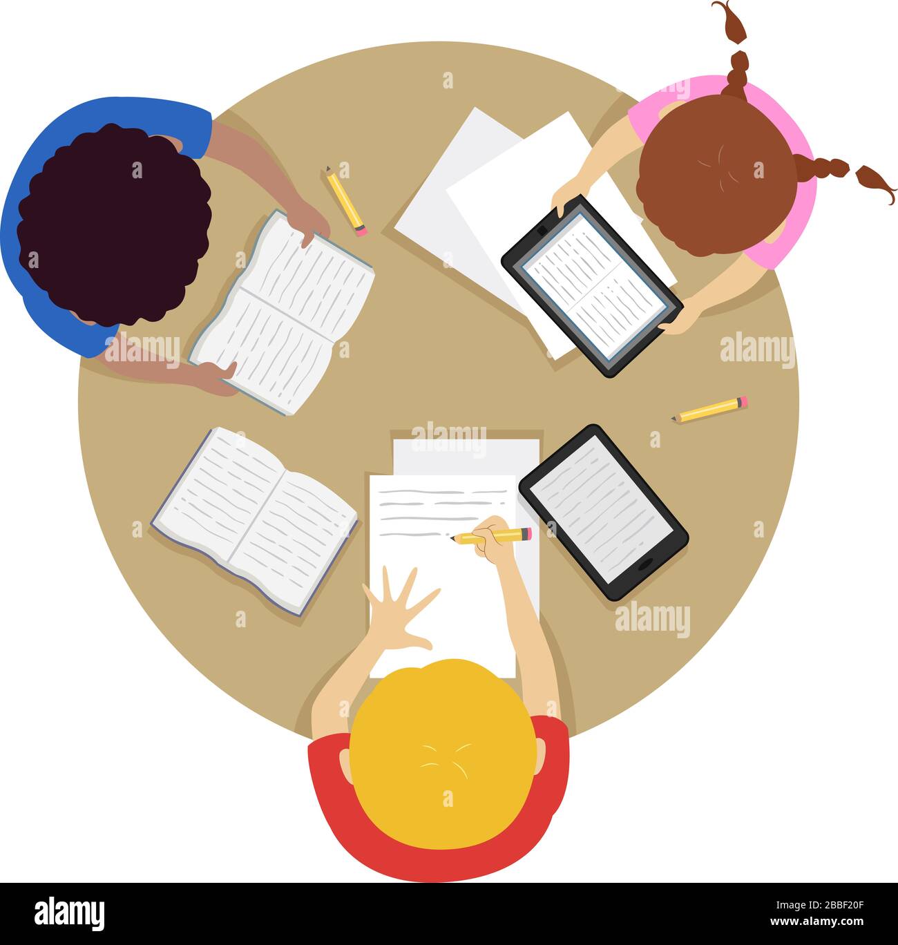 Top View Illustration of Kids Studying on a Table with Books, Notes ...