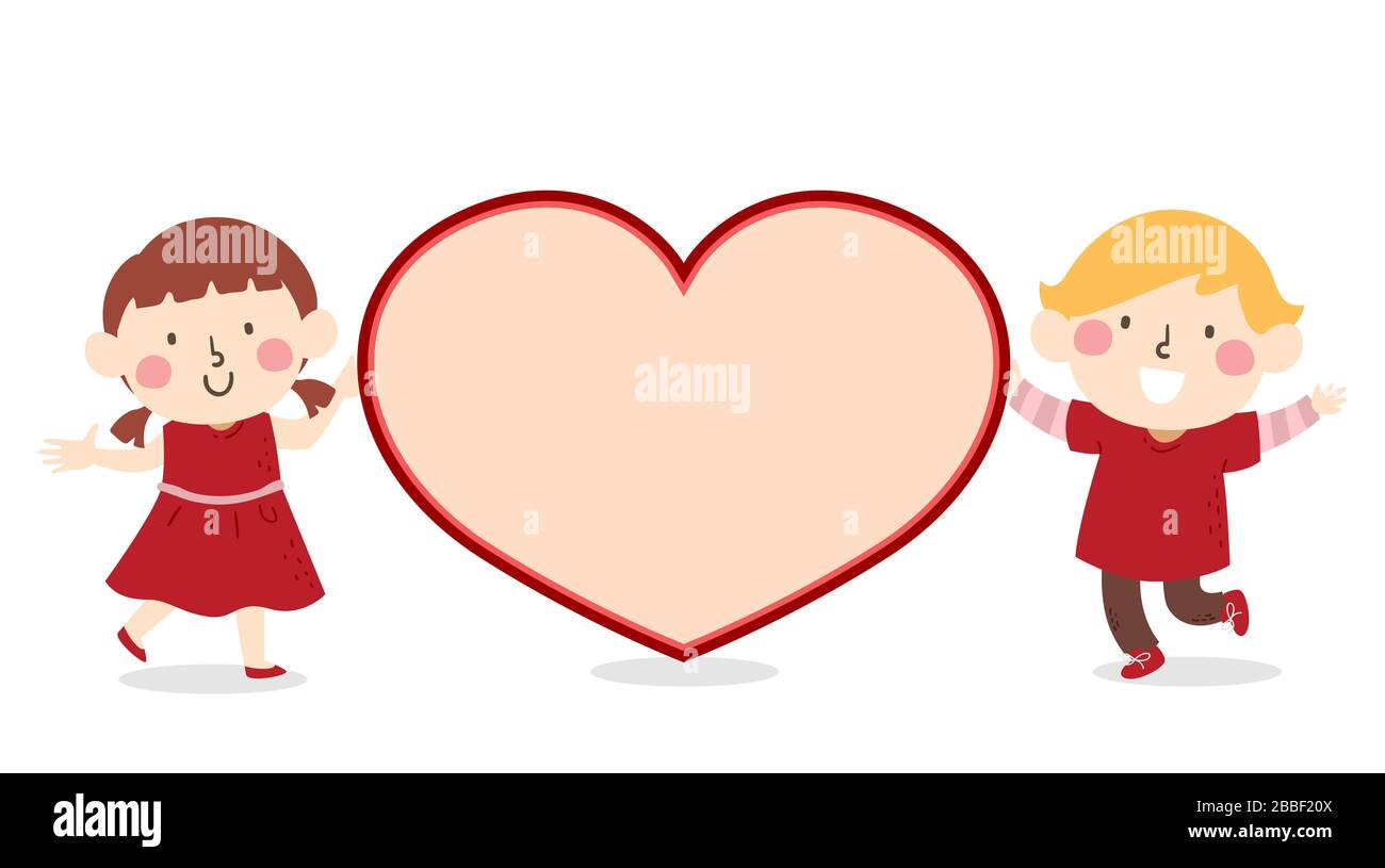 Illustration of Kids in Red Clothes Holding a Big Valentine Heart Shape ...
