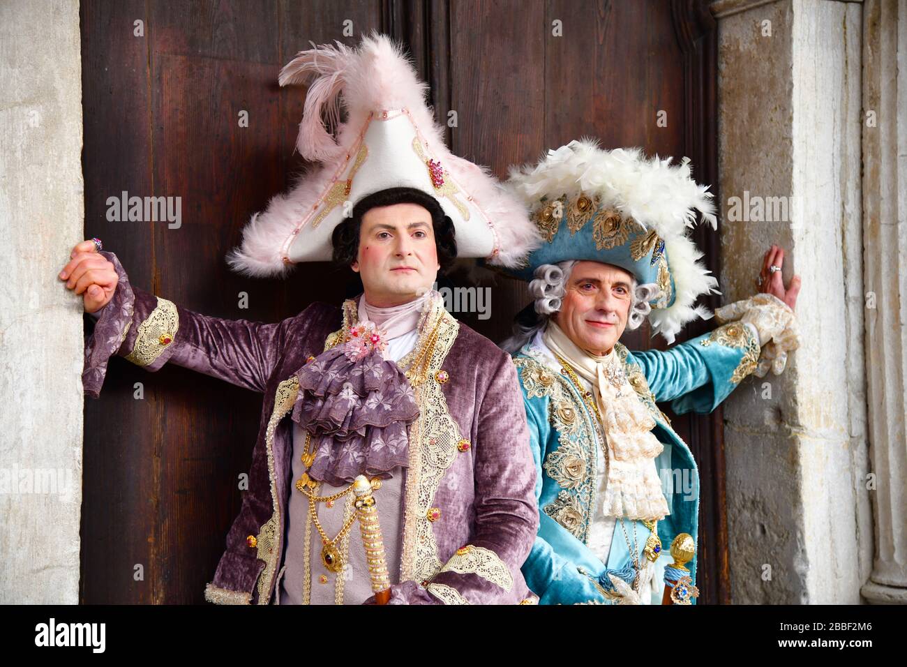 Venice, Italy-February 2020; close up of two man in traditional ...