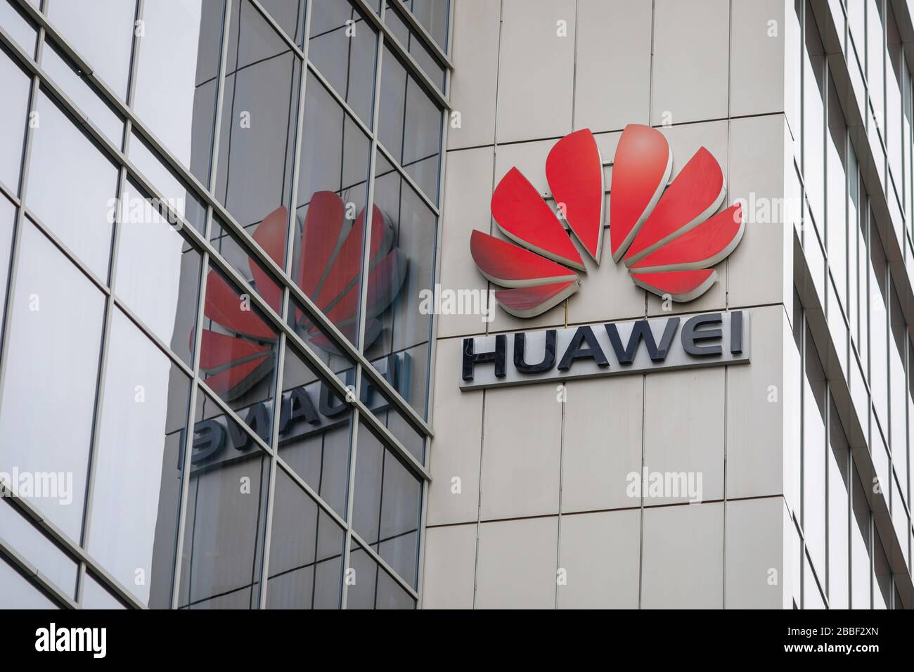 Bucharest, Romania - March 31, 2020: Huawei logo on their headquarters ...
