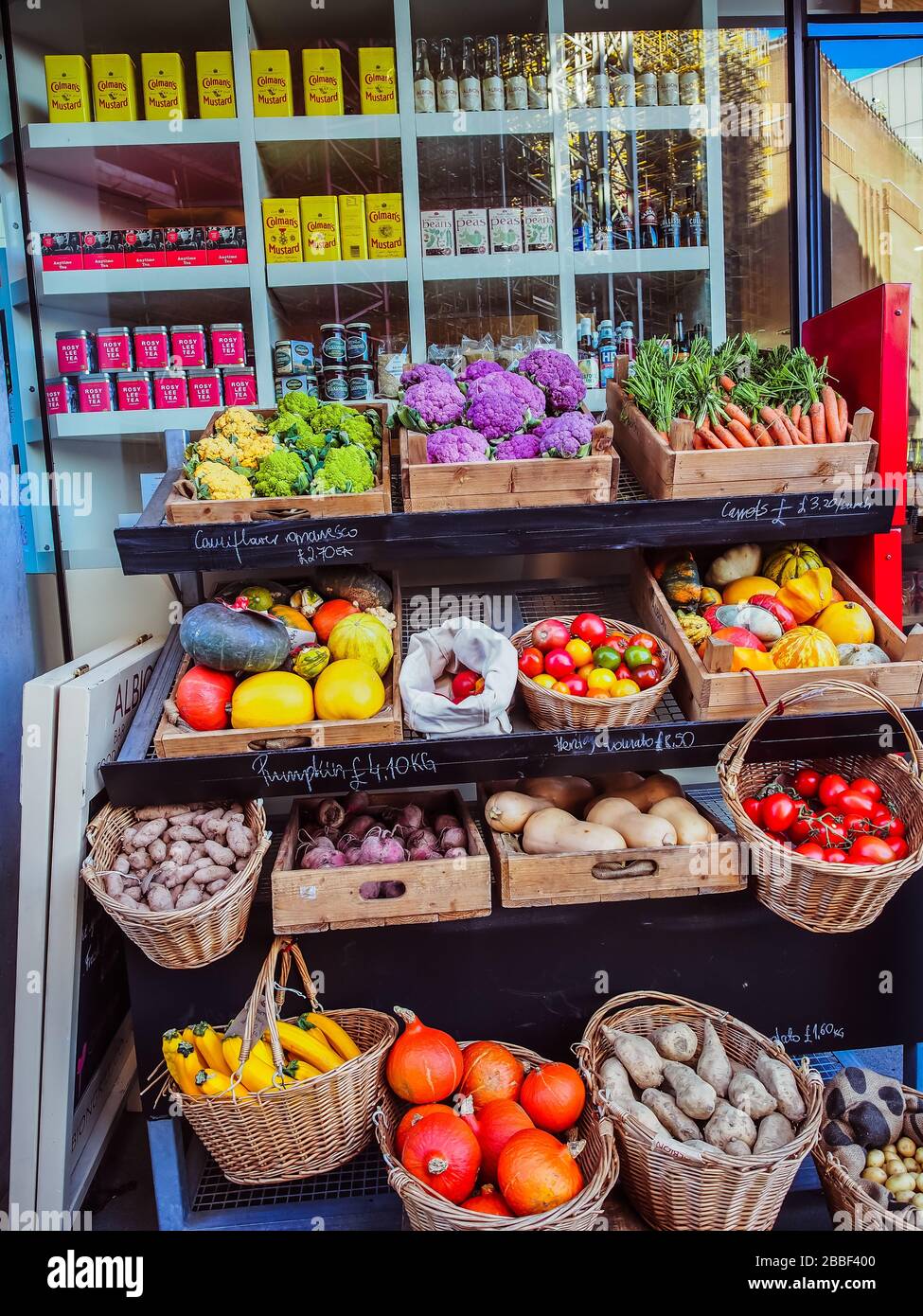 Albion British cafe, bar and grocery store with lots of colorful ...