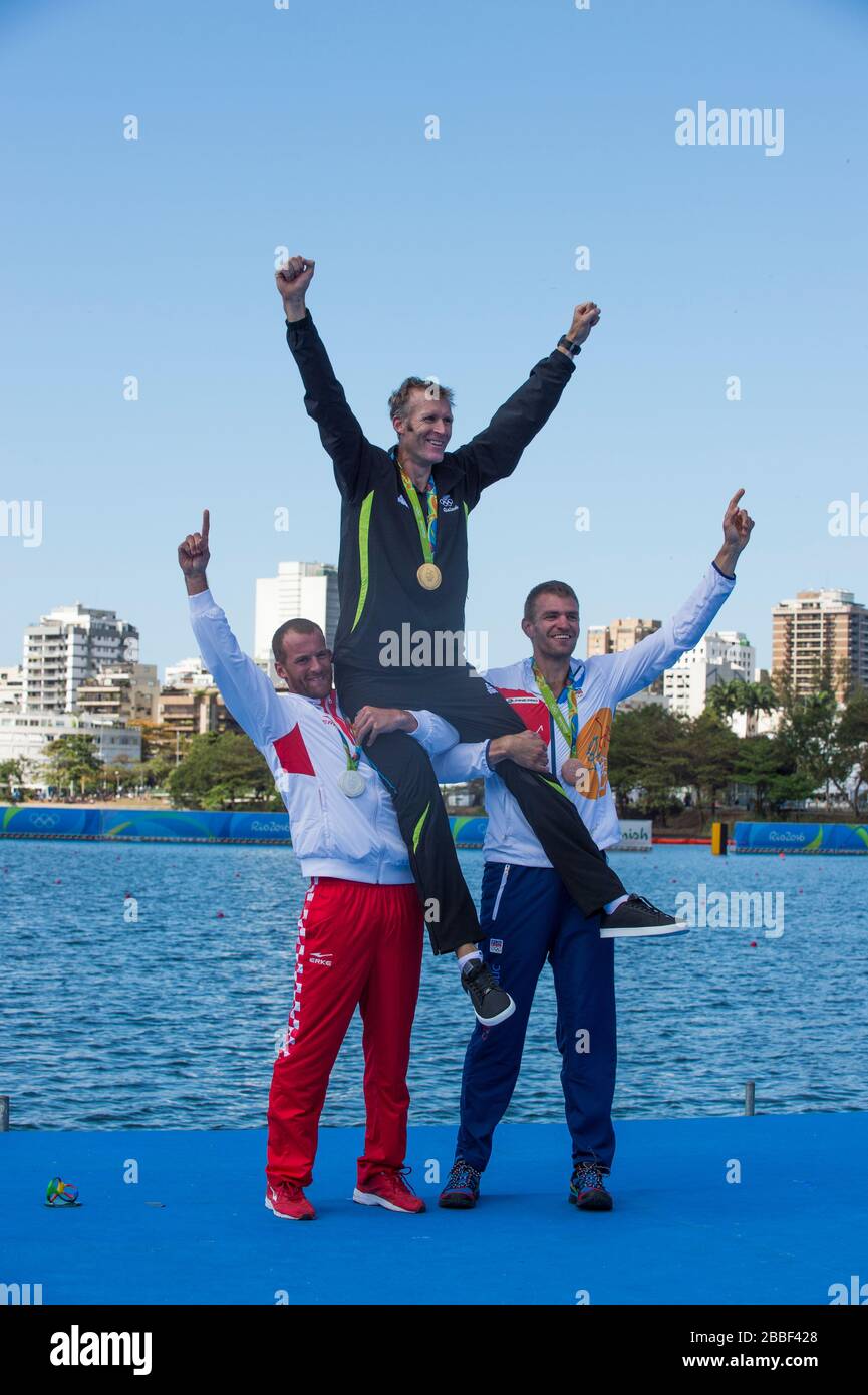 Rio de Janeiro. BRAZIL. NZL M1X, Gold Medalist, Mahe DRYSDALE, CRO M1X ...