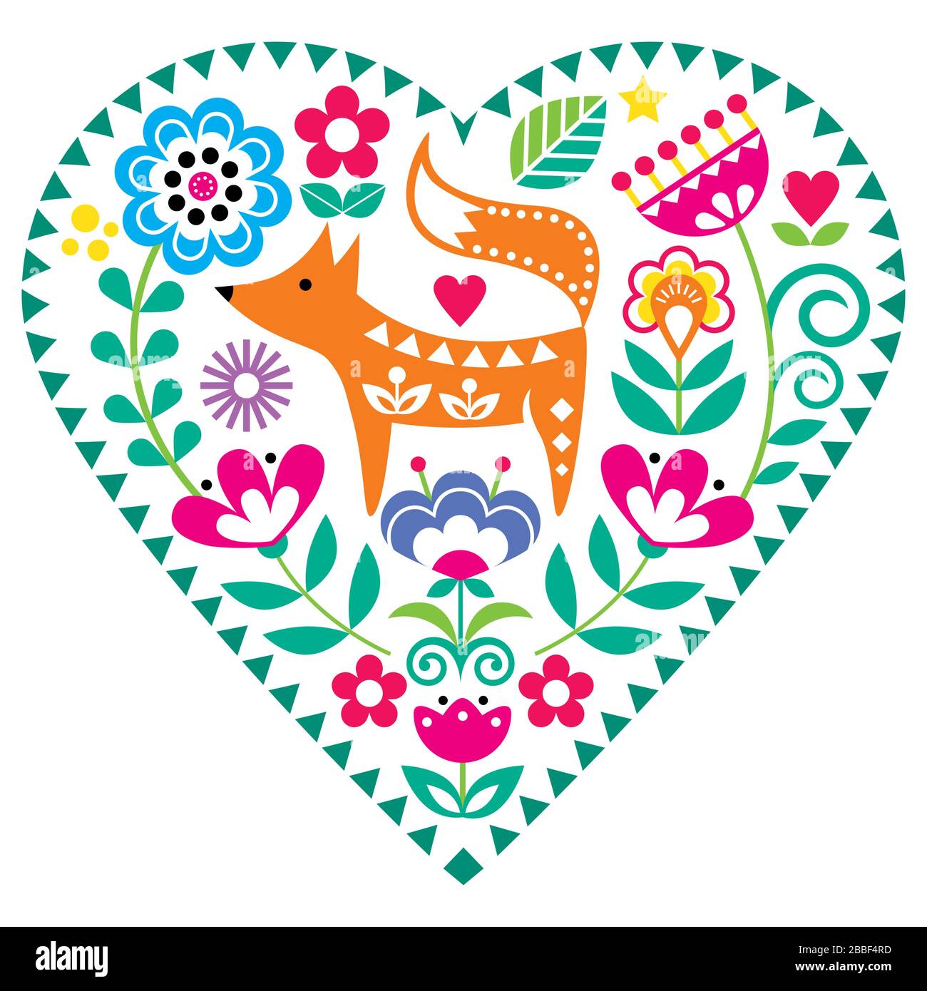 Scandinavian heart shape folk art vector pattern with flowers and fox ...