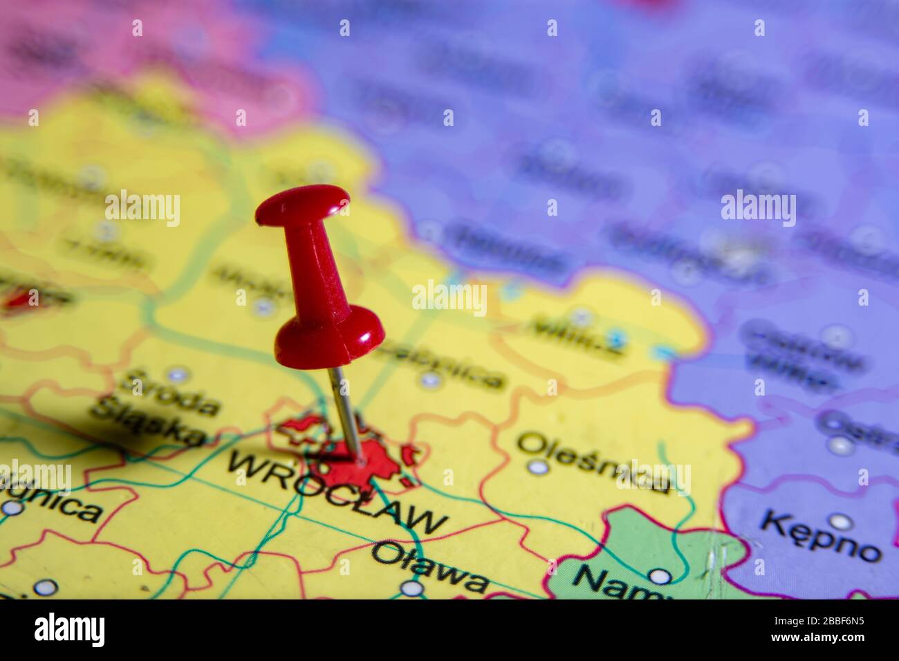 Polish city Wroclaw pinned with pushpin on the colorful map Stock Photo ...