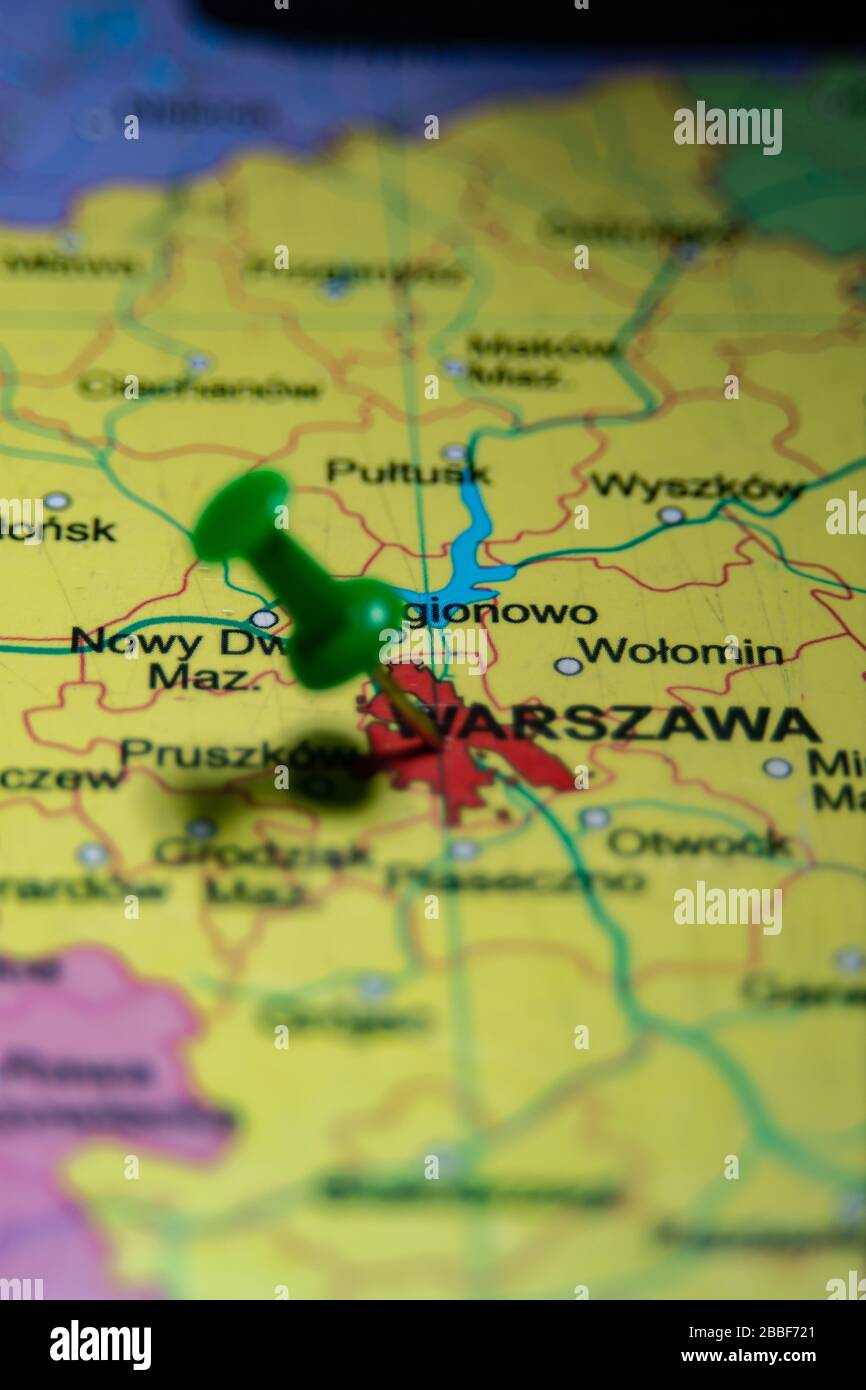Polish city Warszawa pinned with pushpin on the colorful map Stock ...