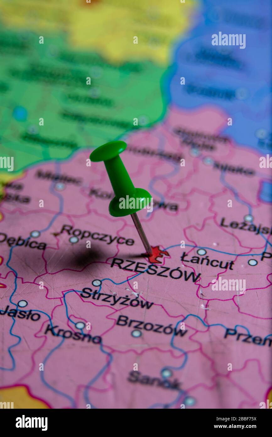 Polish city Rzeszów pinned with pushpin on the colorful map Stock Photo ...