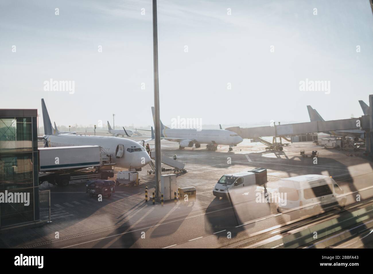 Airport take-off field. View from the window. There are many aircraft ...