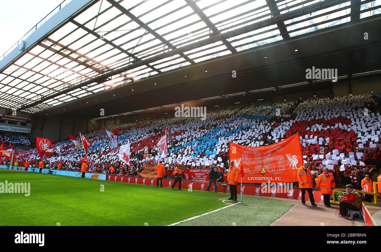 Liverpool fans form a display of Thanks in the stands Stock Photo - Alamy
