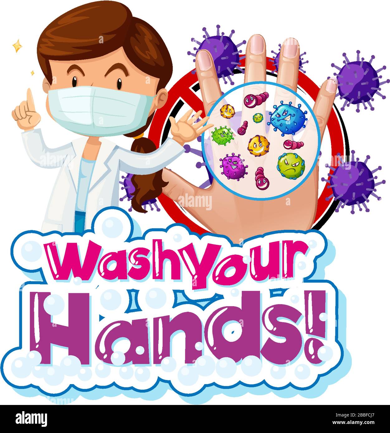 Poster design for coronavirus theme with virus cell on hand ...