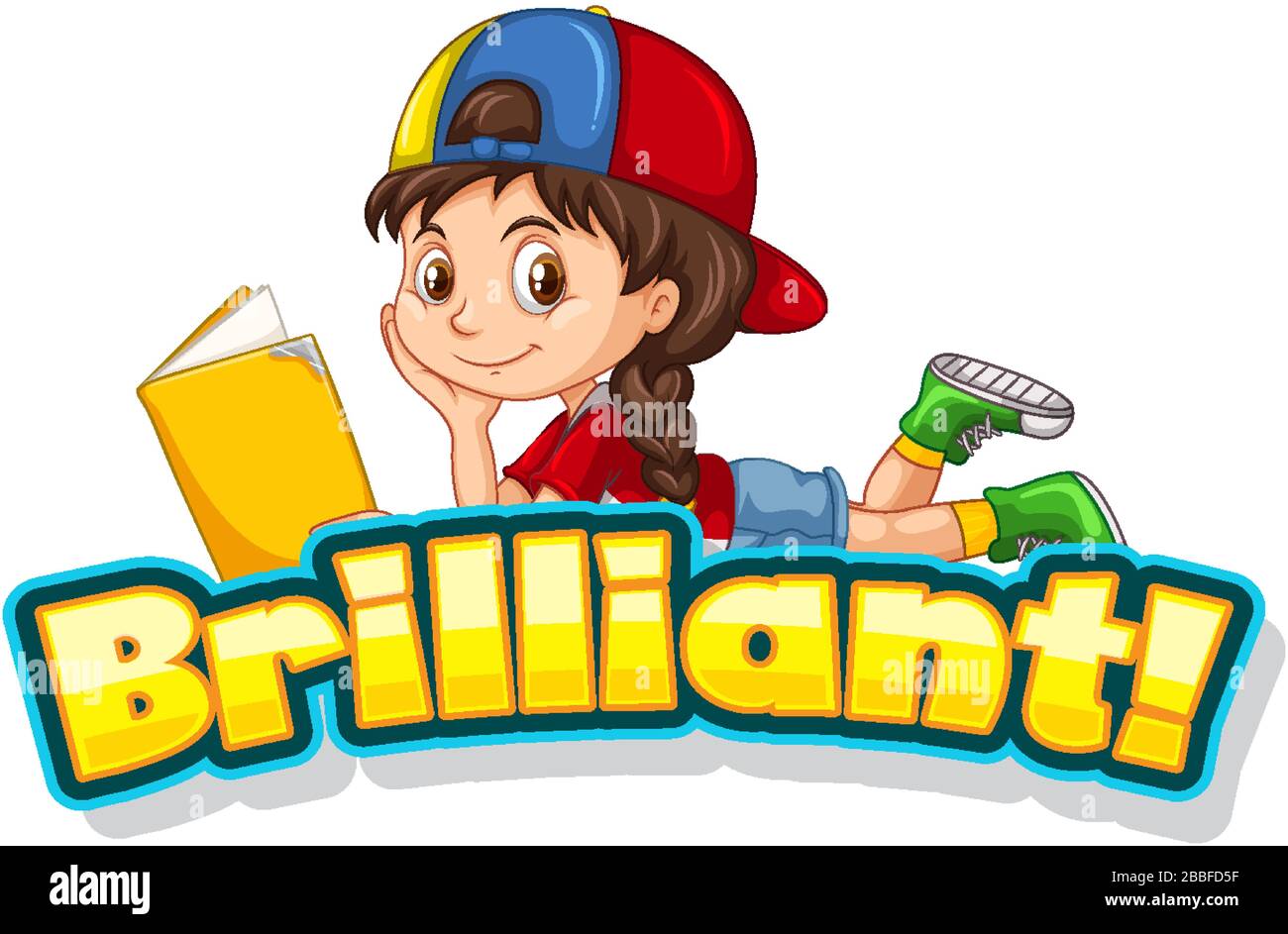 Word design for brilliant with little girl reading illustration Stock ...