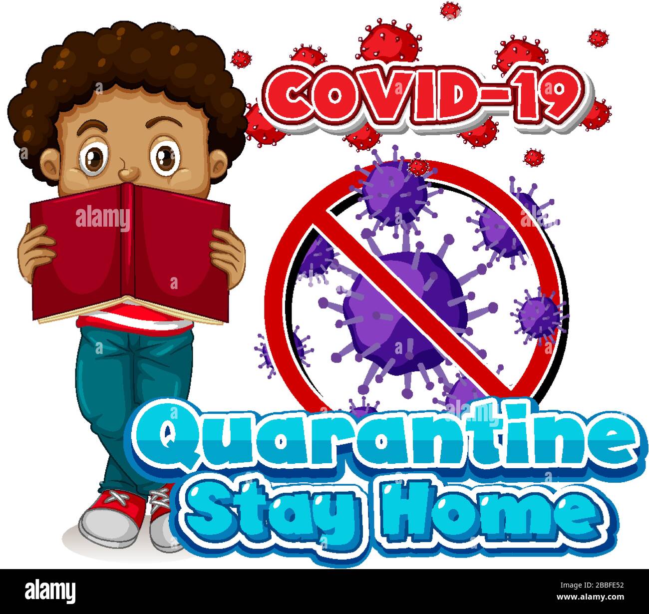 Font design for word quarantine stay home with boy reading book ...