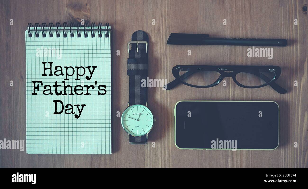 Greeting card for HAPPY FATHERS DAY with man's stuff on it Stock Photo ...