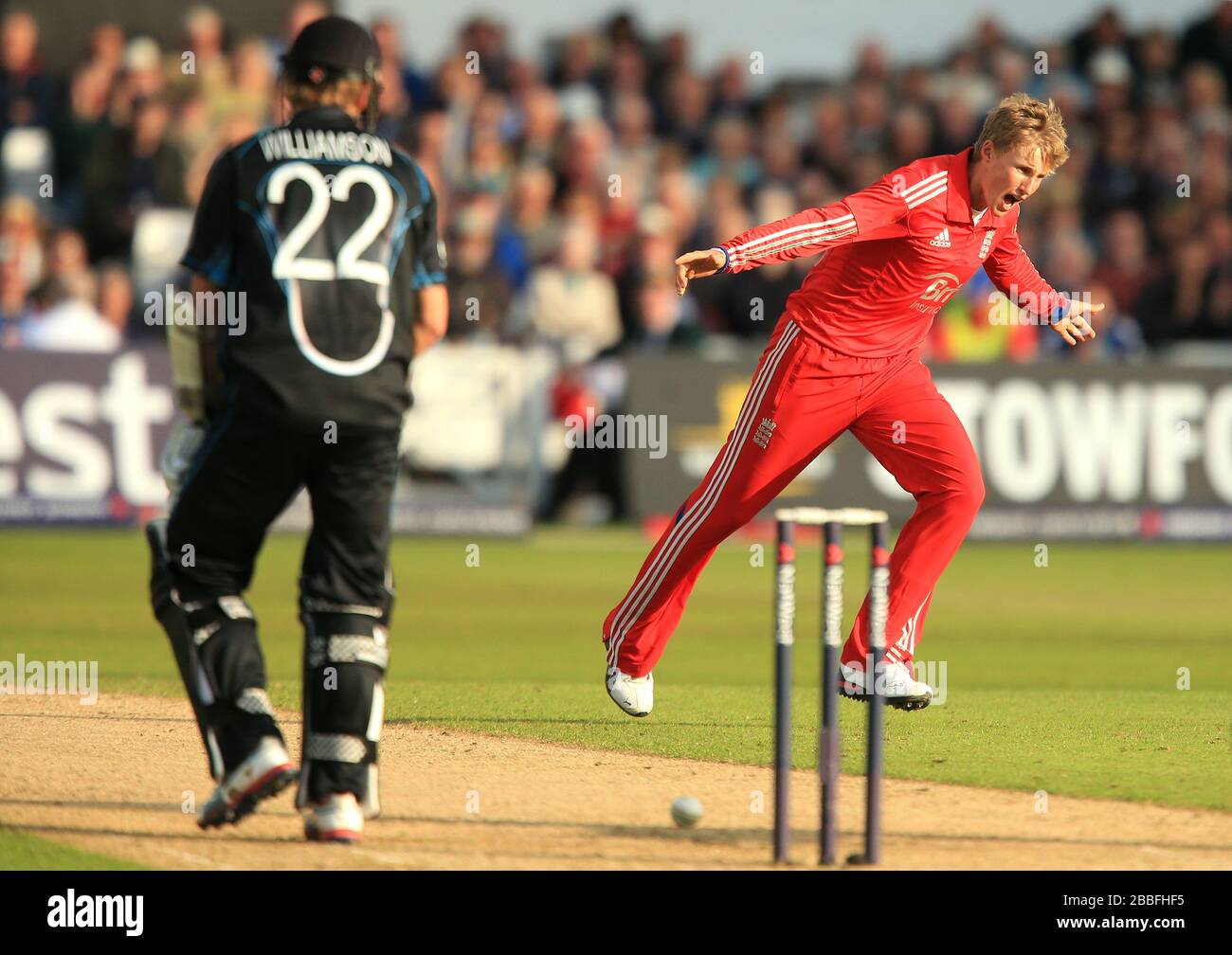 England's England's Joe Root celebrates taking the wicket of New ...