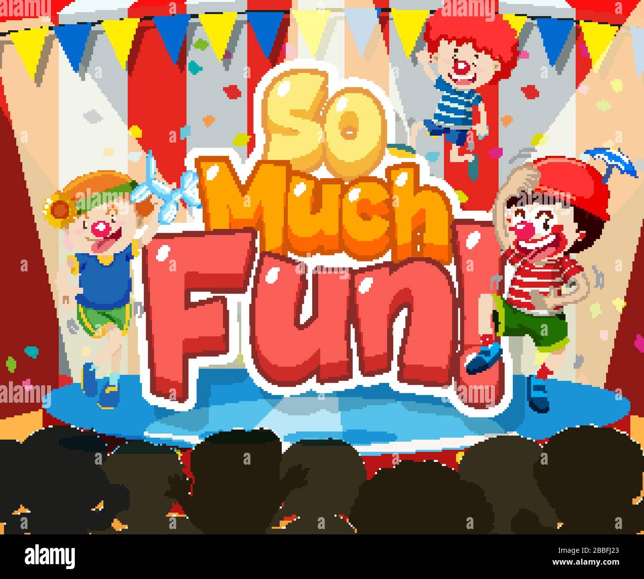 Font design for word so much fun with kids playing on stage ...
