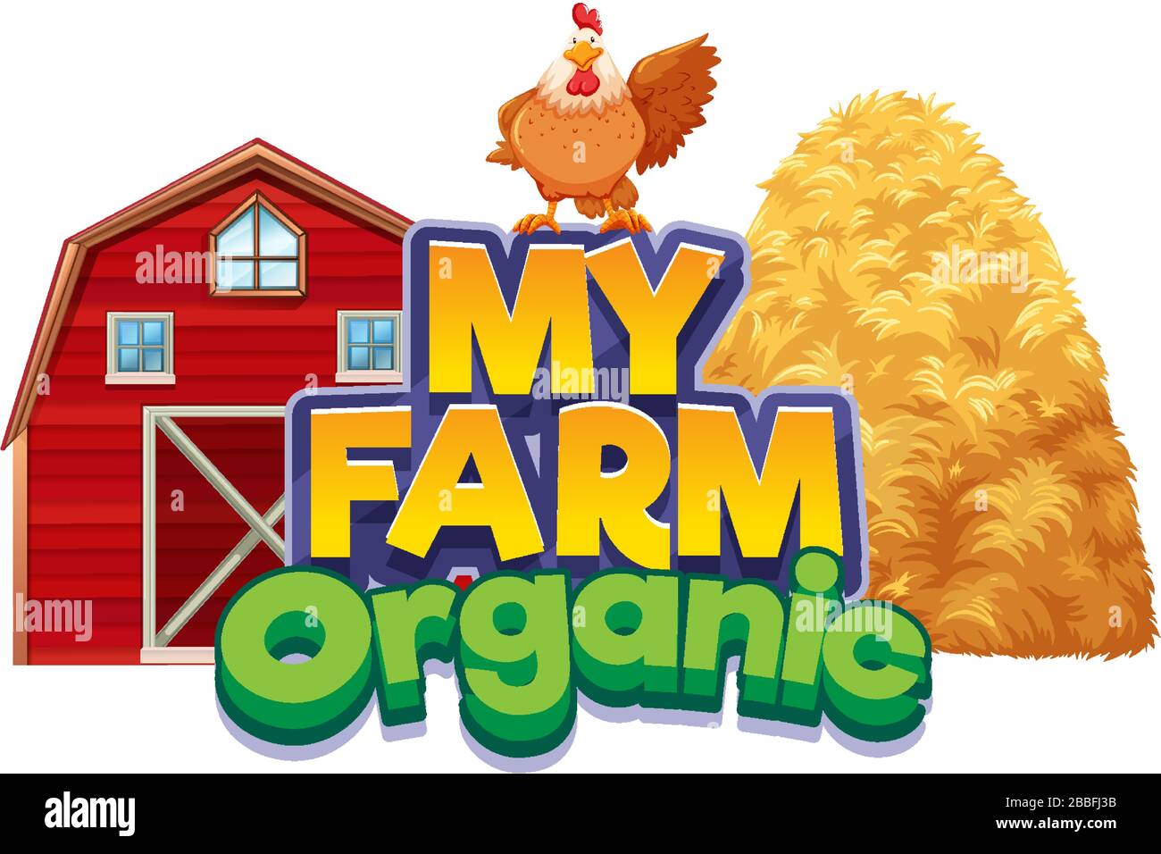 Font design for word my farm with chicken and barn illustration Stock ...