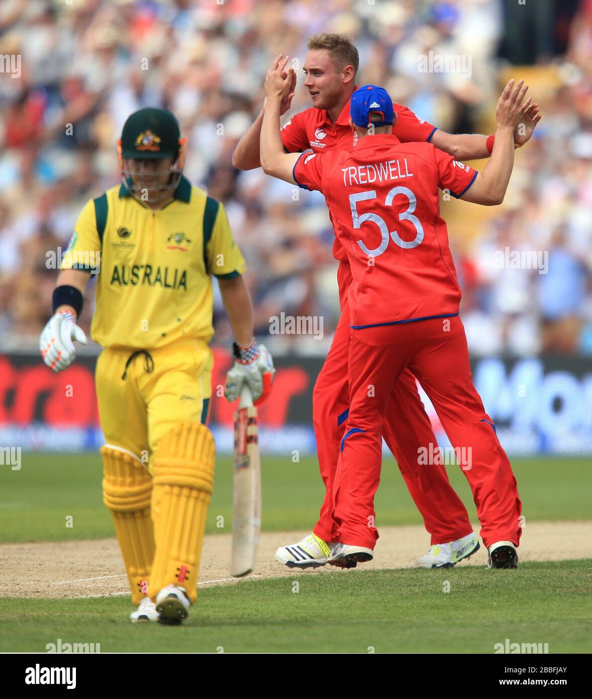 England's Stuart Broad celebrates the wicket of Australia's David ...