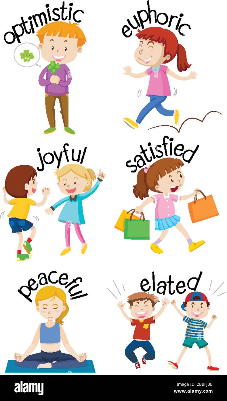 Set of children doing activities with adjectives illustration Stock ...
