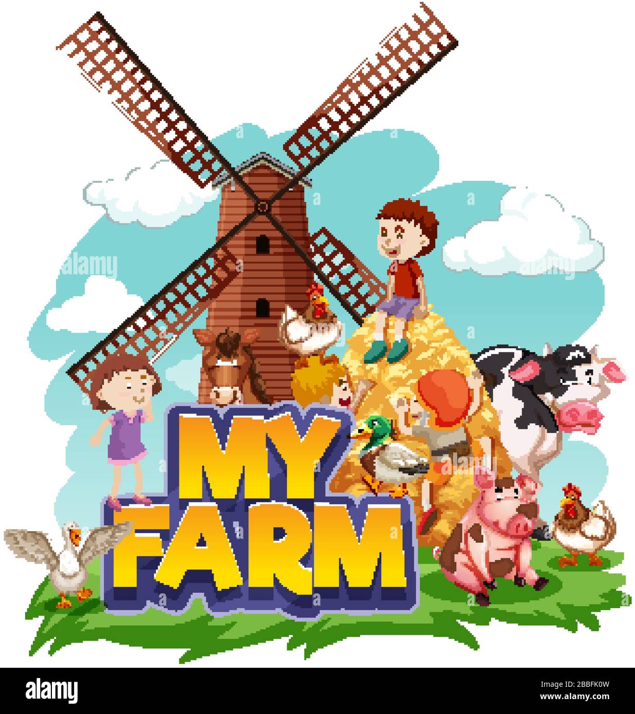 Font design for word my farm with many kids and animals illustration ...