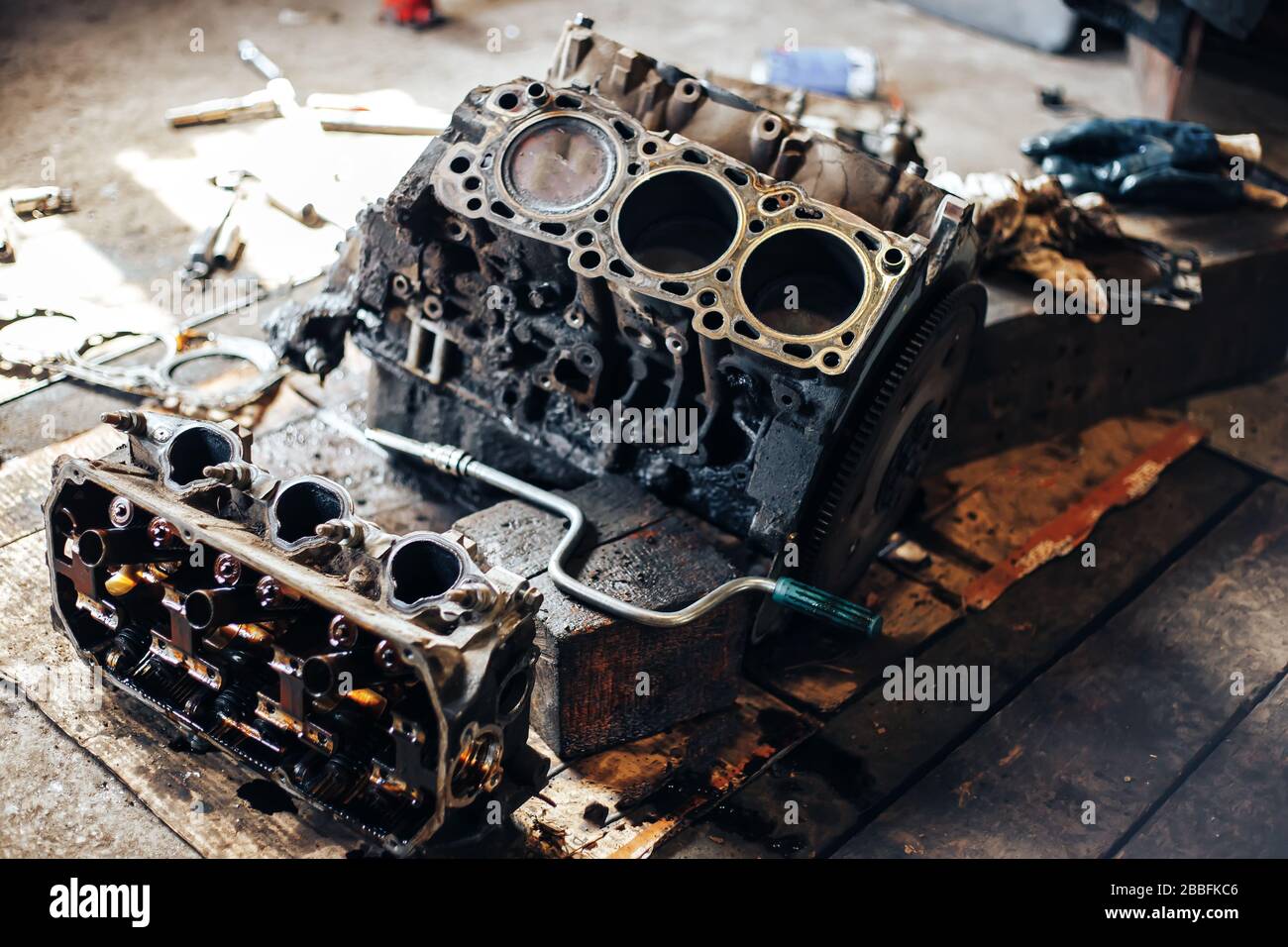 dirty auto engine in garage Stock Photo - Alamy