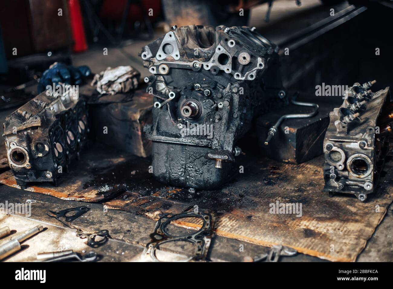 dirty auto engine in garage Stock Photo - Alamy