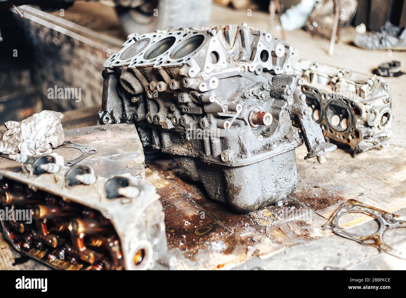 dirty auto engine in garage Stock Photo - Alamy