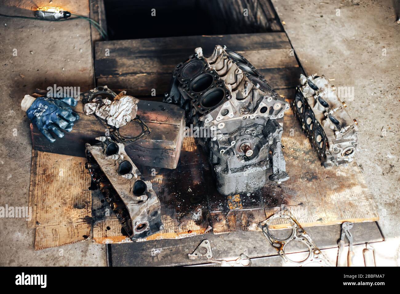 dirty auto engine in garage Stock Photo - Alamy