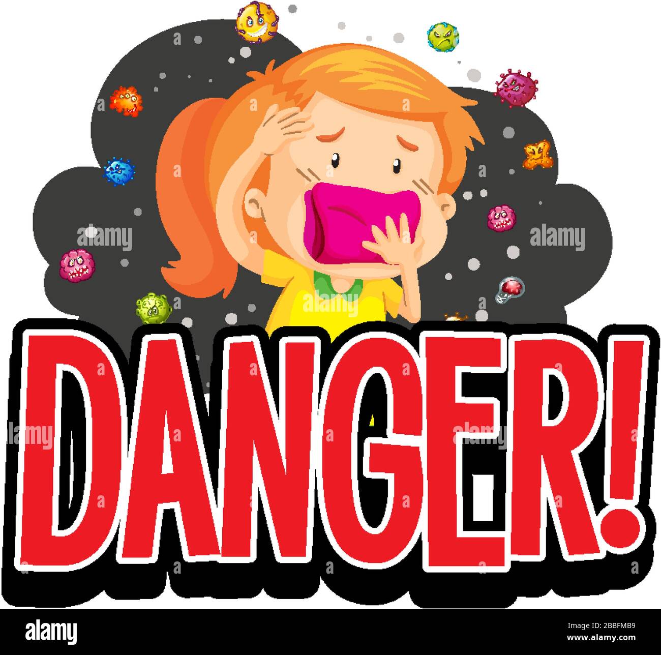 Font design for word danger with sick girl and virus cells illustration ...
