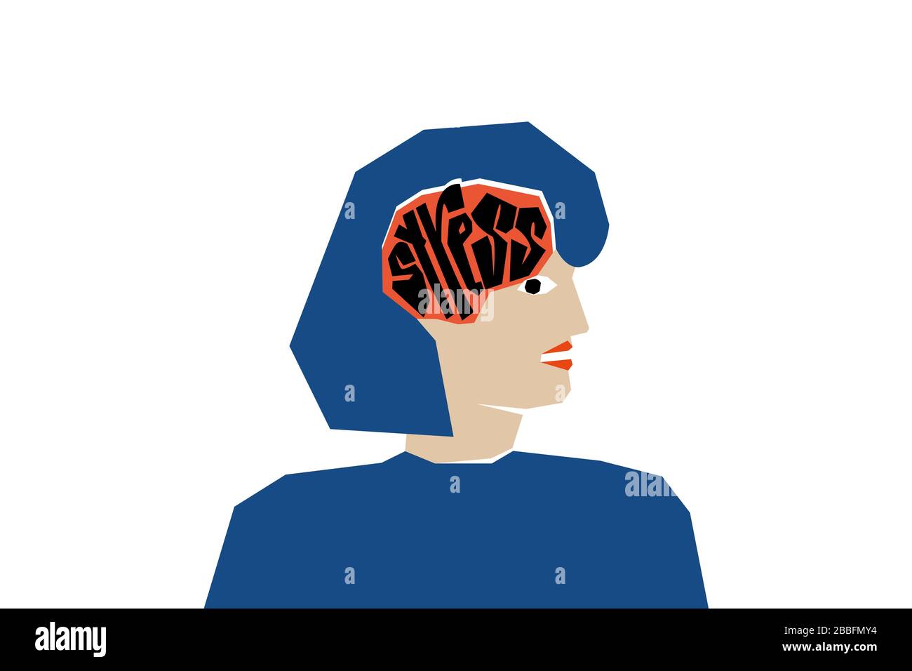 Stressed woman with a wry face. Stress instead of the brain, a concept ...