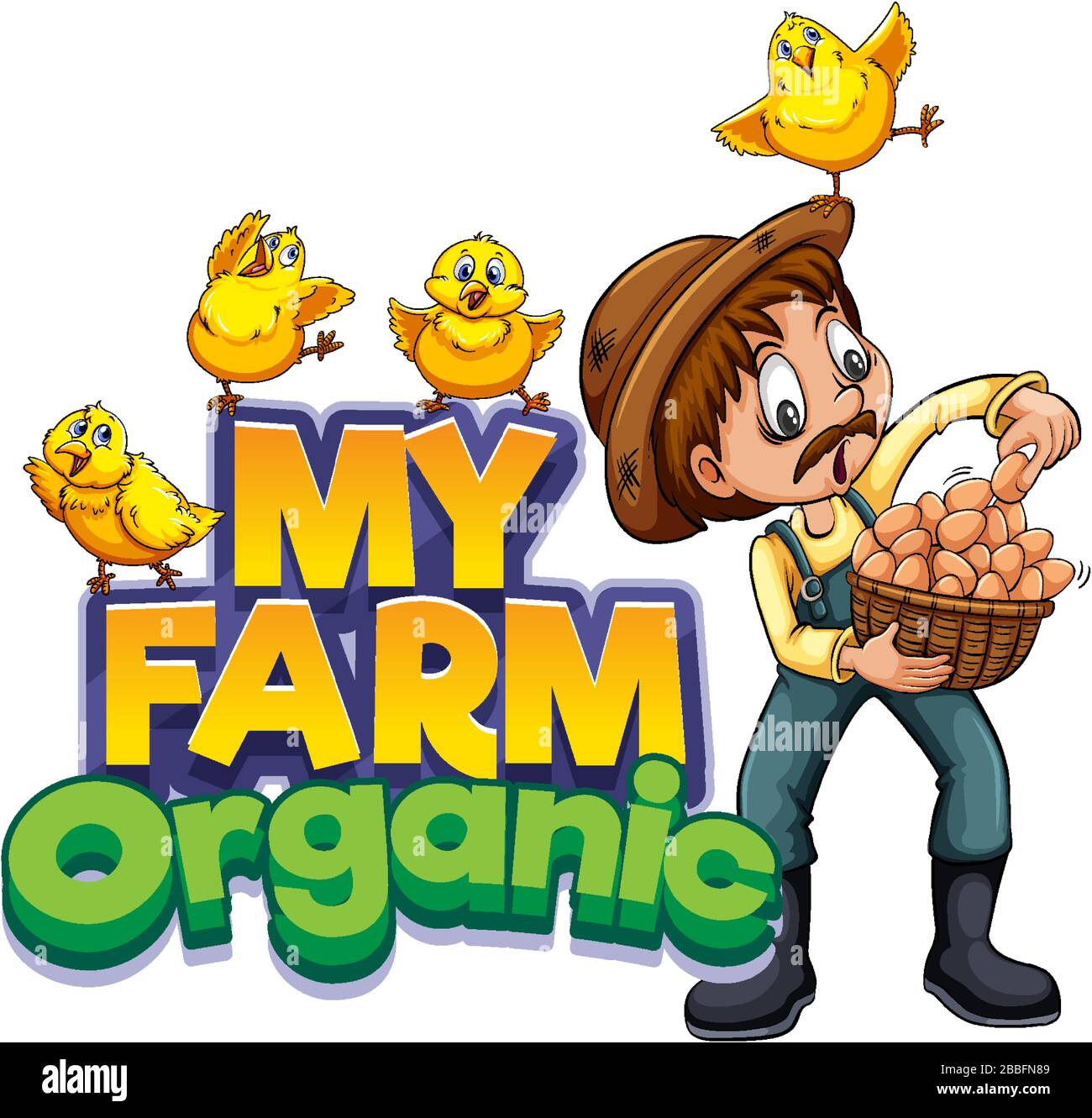 Font design for word my farm with farmer and chickens illustration ...