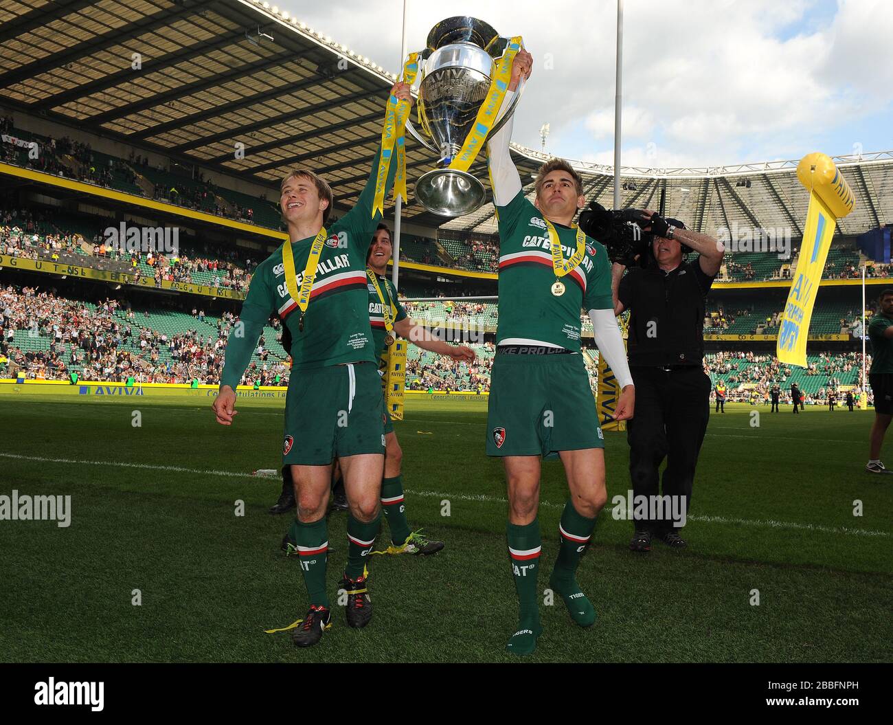 Leicester Tigers' Matthew Tait and Toby Flood celebrate with the trophy ...