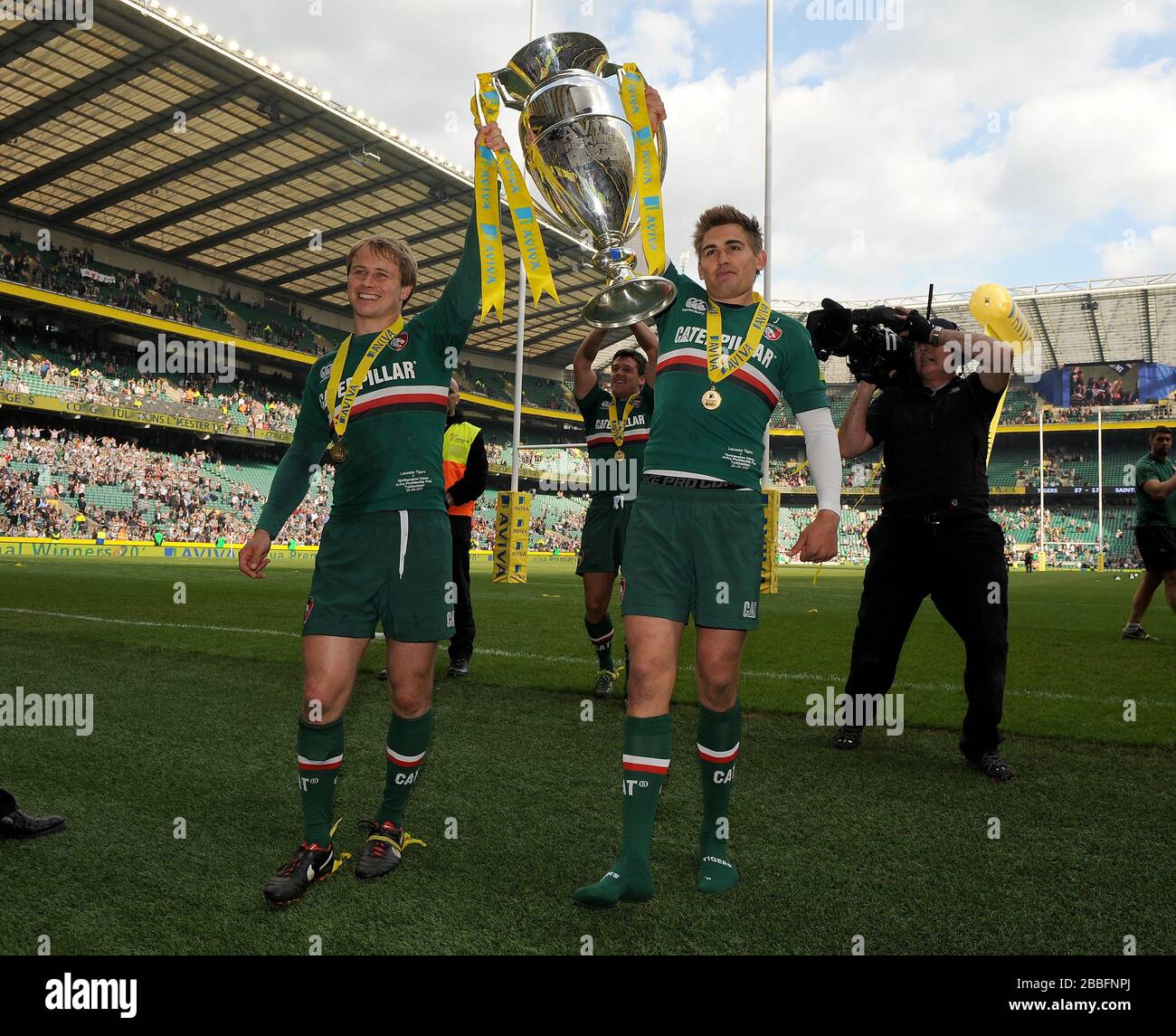 Leicester Tigers' Matthew Tait and Toby Flood celebrate with the trophy ...