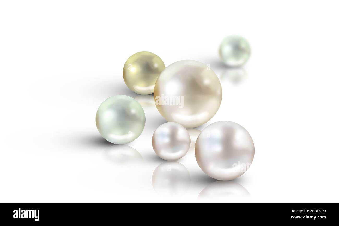 a beautiful group of colour pearls of different sizes on white ...
