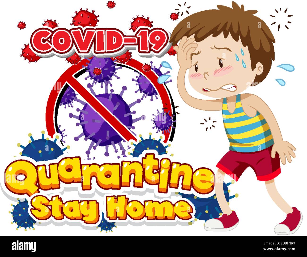 Font design for word quarantine covid-19 with sick boy illustration ...