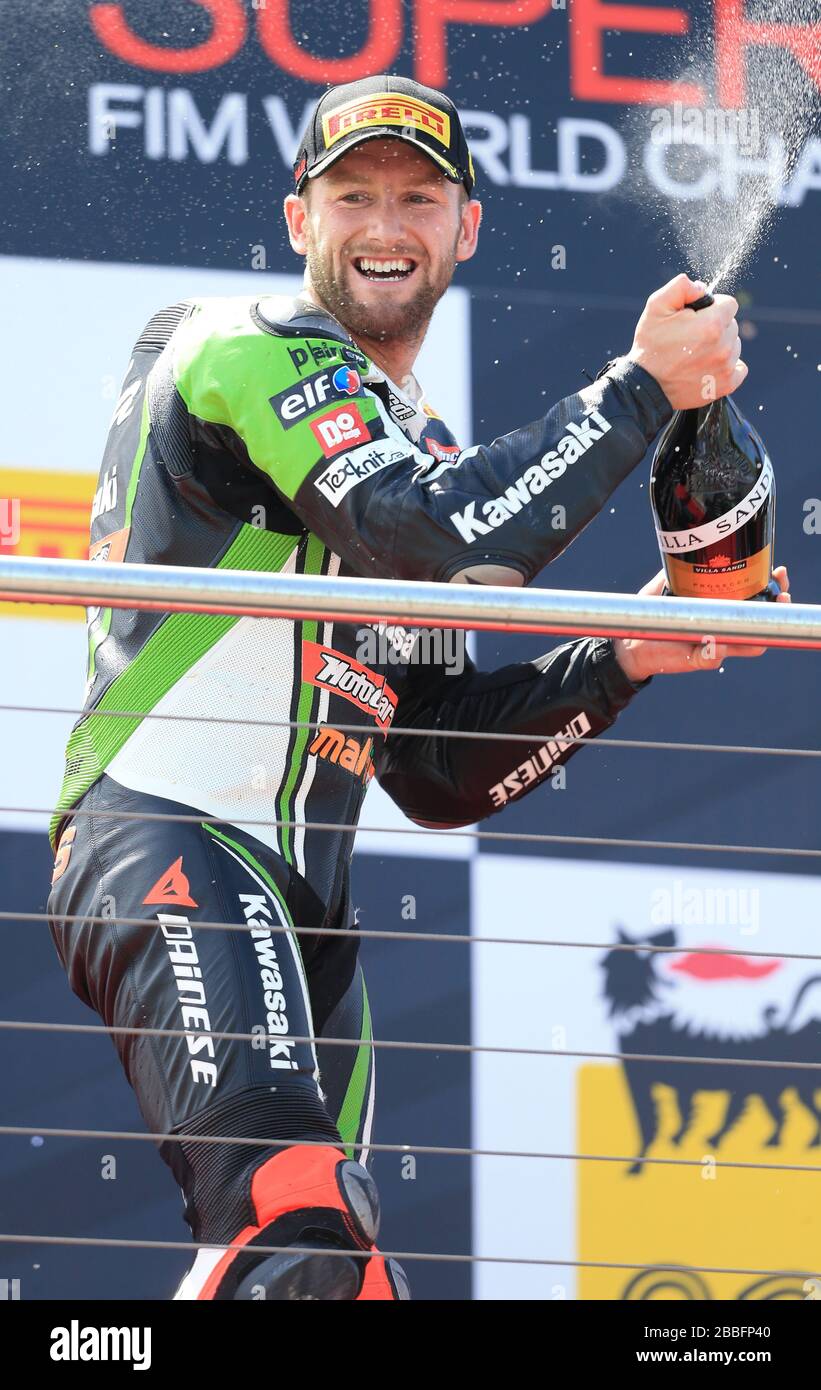 Tom Sykes riding for Kawasaki racing Team celebrates winning the first ...