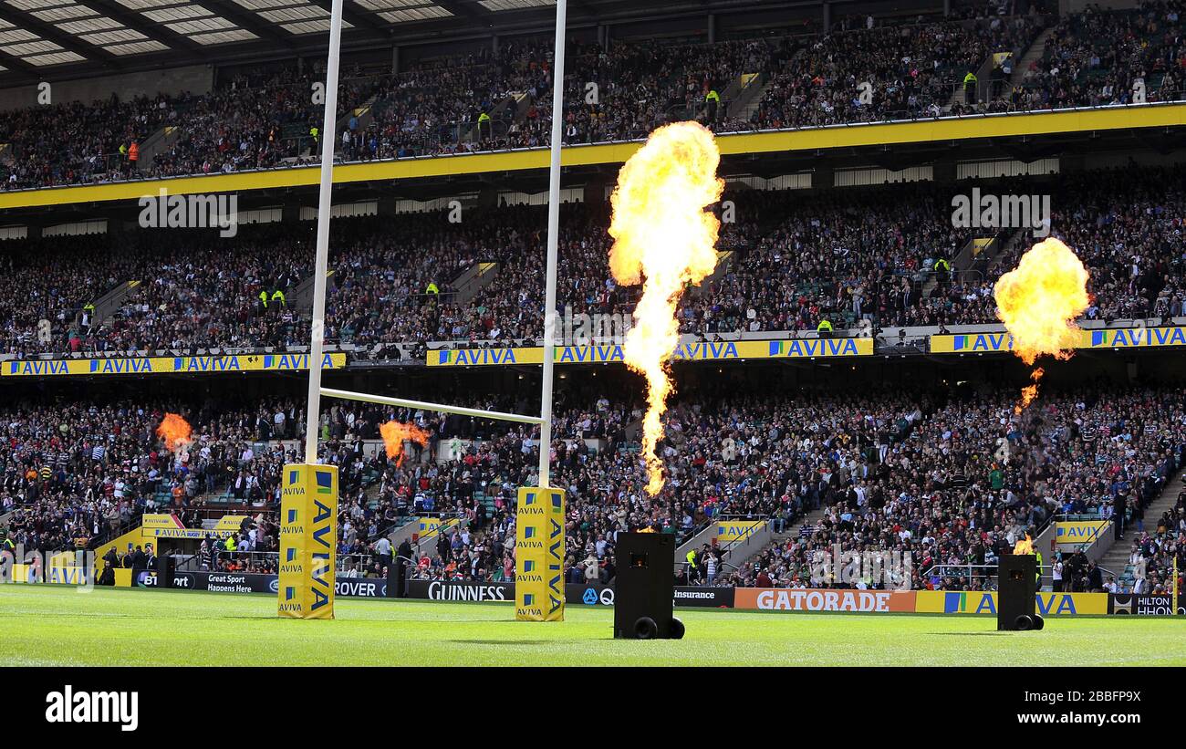 Flames are set off as the teams prepare to walk on to the pitch before ...