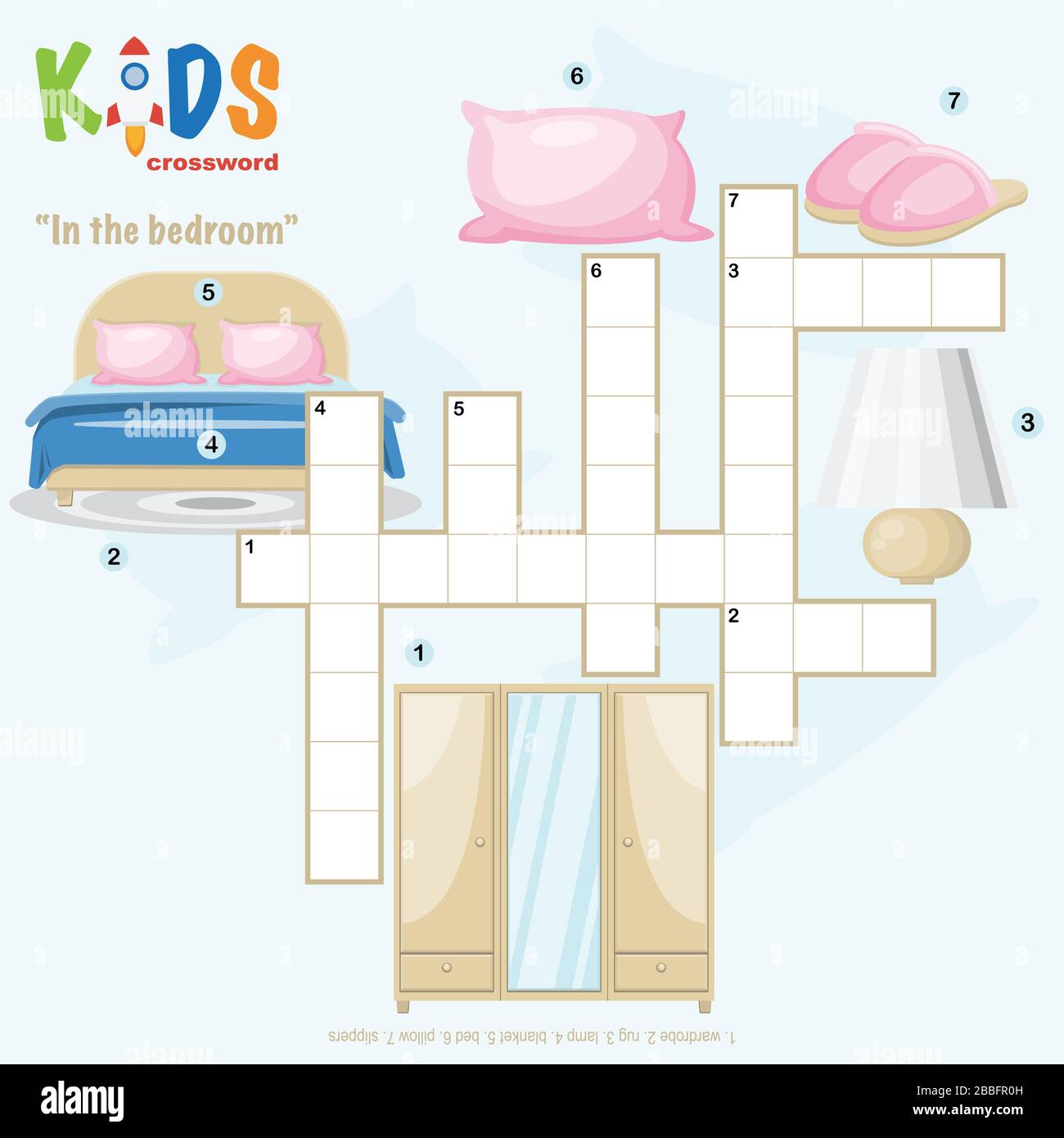 Easy crossword puzzle 'In the bedroom', for children in elementary and ...