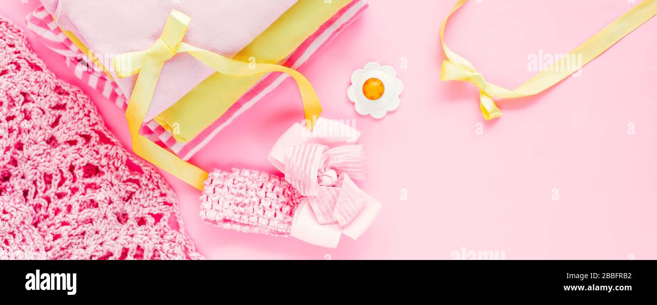things, staff, accessories for newborn baby on pink background Stock ...