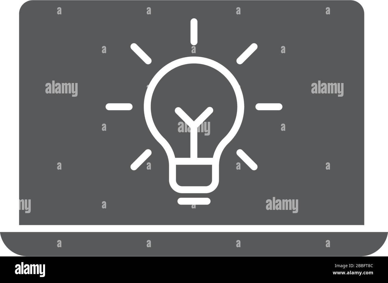 Laptop with light bulb vector icon symbol isolated on white background ...