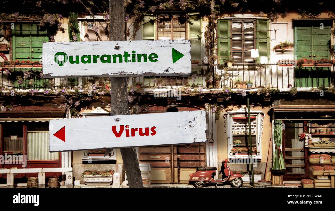 Street Sign the Way to Quarantine versus Virus Stock Photo - Alamy