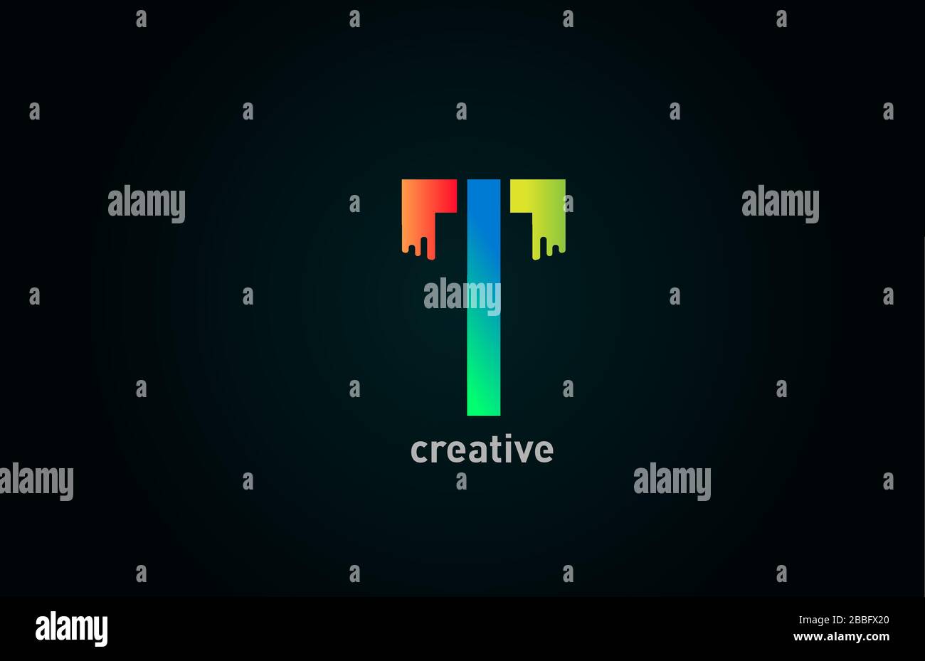 T colored alphabet letter logo design icon in blue green orange color ...