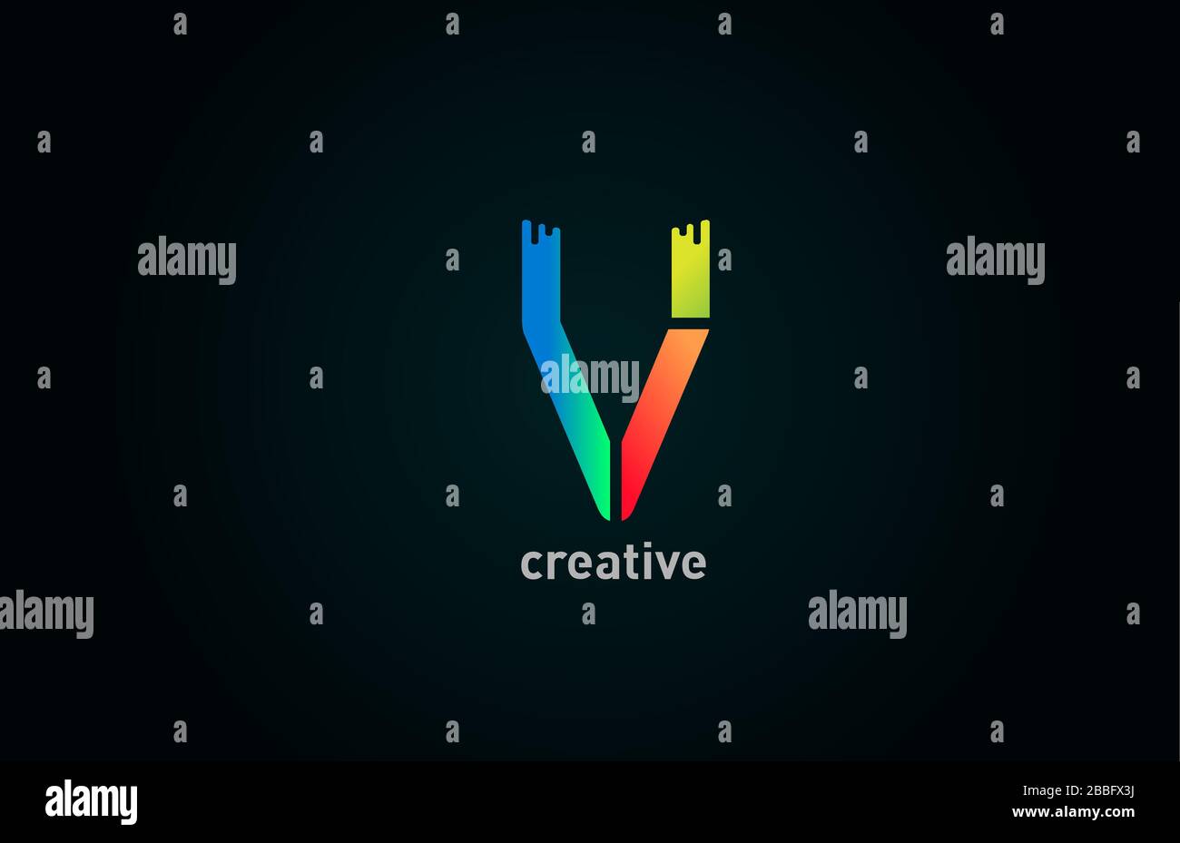 V colored alphabet letter logo design icon in blue green orange color ...