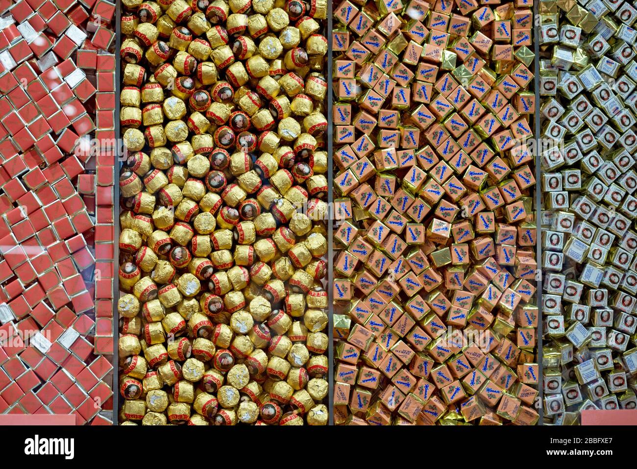 detail of Manner pink wrapped Manner chocolates in Manner shop, Vienna ...