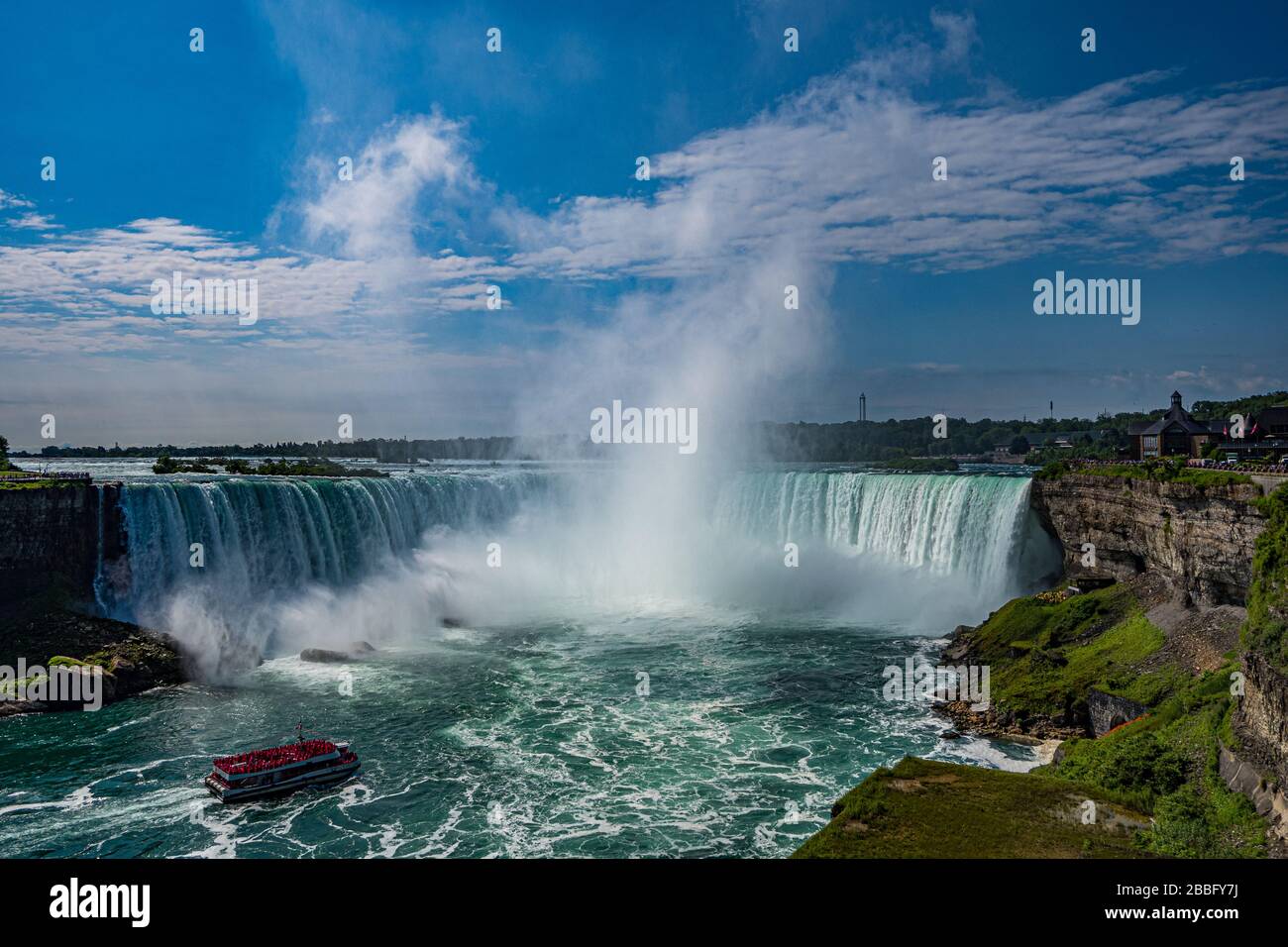 Ship towards the Niagara Falls with passengers wearing red coats Stock ...